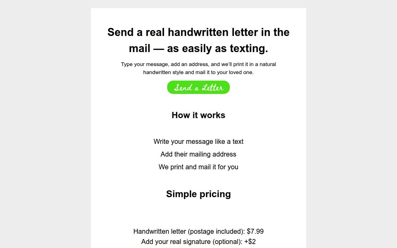 Send a real handwritten letter in the mail — as easily as texting.
